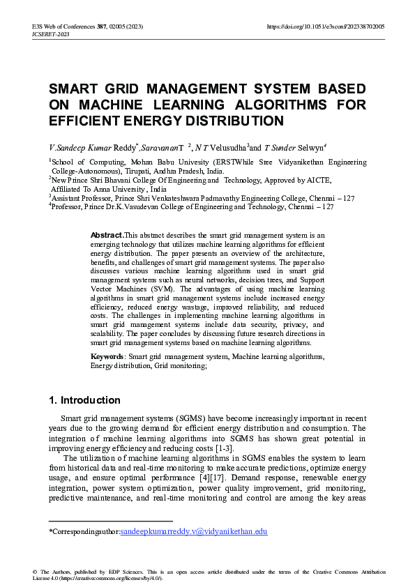 Pdf Smart Grid Management System Based On Machine Learning Algorithms