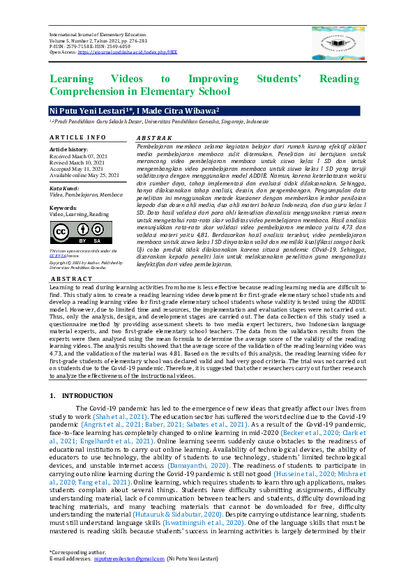 (PDF) Learning Videos to Improving Students’ Reading Comprehension in Elementary School