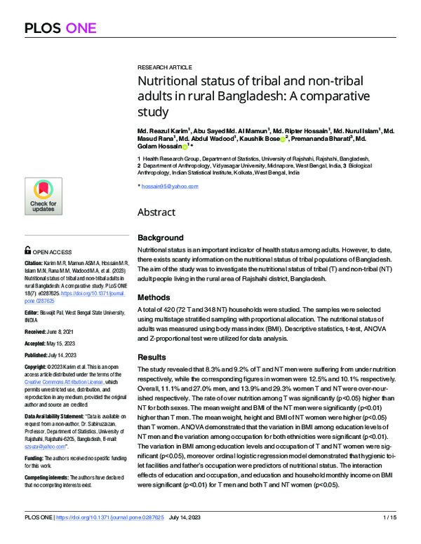 (PDF) Nutritional status of tribal and non-tribal adults in rural Bangladesh: A comparative study