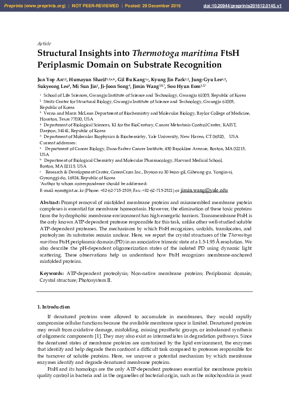 (PDF) Structural Insights into Thermotoga maritima FtsH Periplasmic Domain on Substrate Recognition