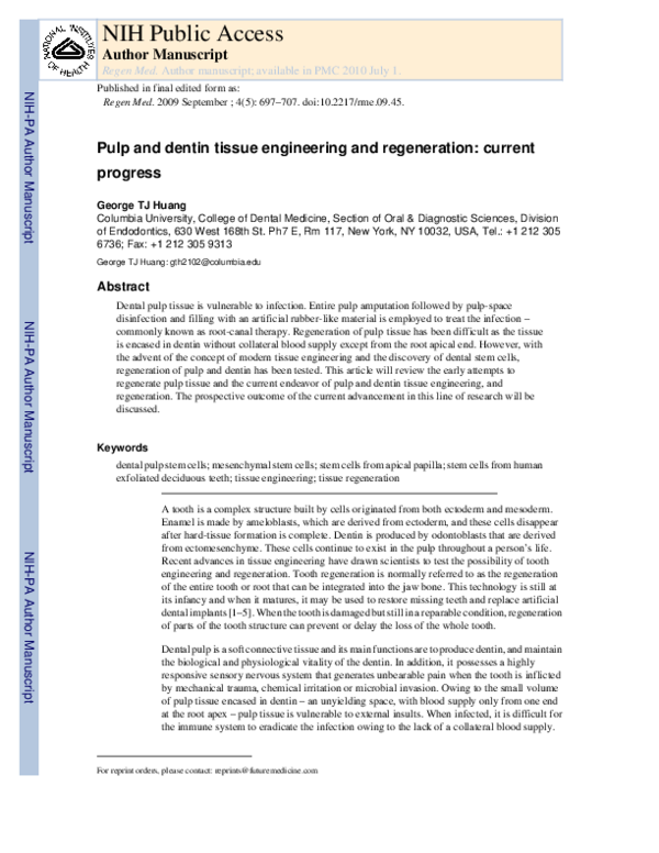(PDF) Pulp and dentin tissue engineering and regeneration: current progress