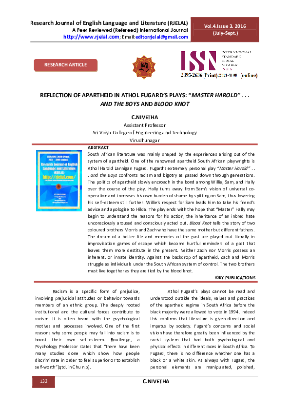 (PDF) REFLECTION OF APARTHEID IN ATHOL FUGARD’S PLAYS: “MASTER HAROLD ...