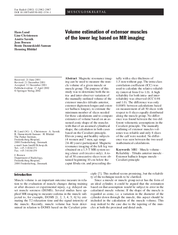 (PDF) Volume estimation of extensor muscles of the lower leg based on ...