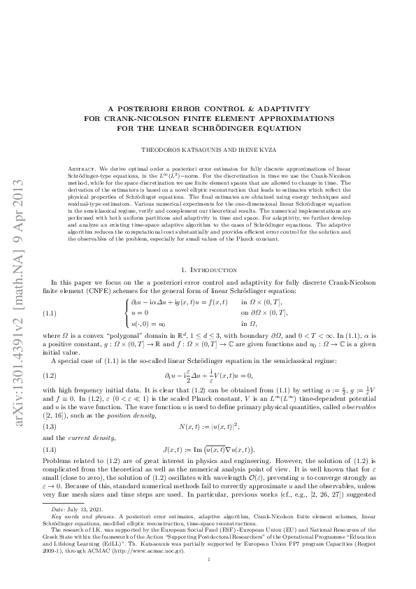 Pdf A Posteriori Error Control And Adaptivity For Crank Nicolson