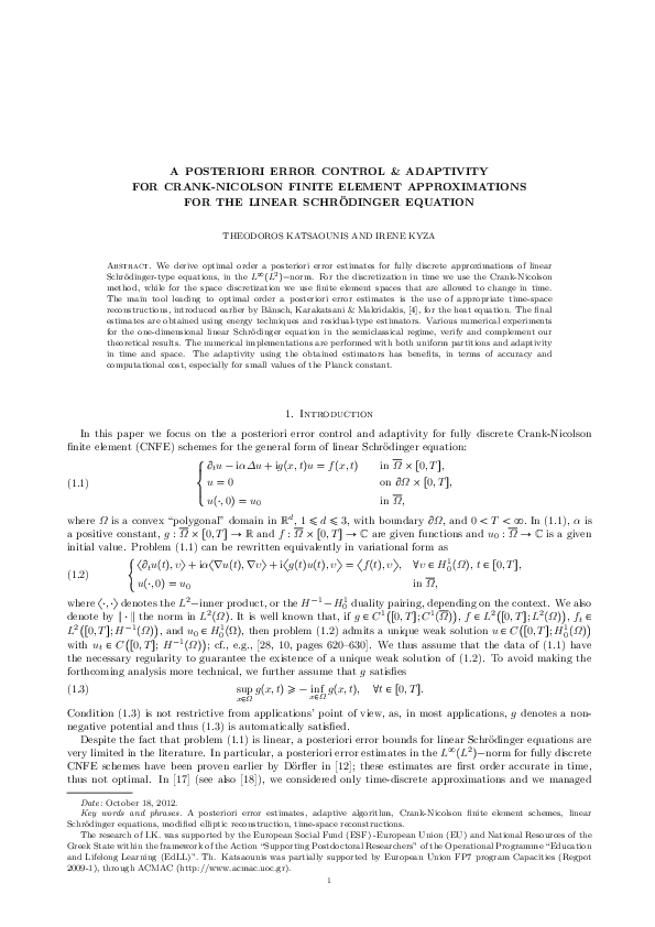 (PDF) A POSTERIORI ERROR CONTROL & ADAPTIVITY FOR CRANK-NICOLSON FINITE ...
