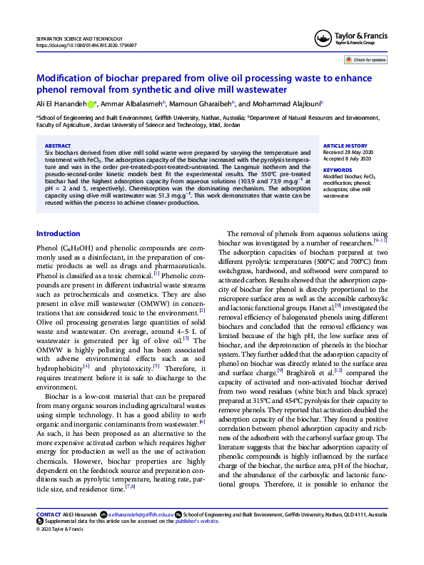 (PDF) Modification of biochar prepared from olive oil processing waste to enhance phenol removal ...