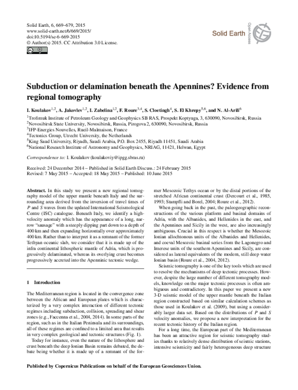 (PDF) Subduction or delamination beneath Apennines? Evidences from ...