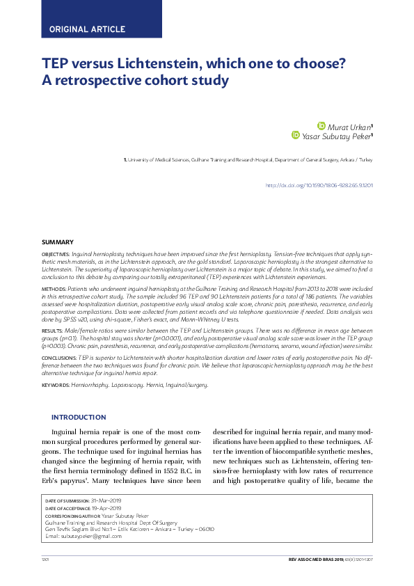 (PDF) TEP versus Lichtenstein, which one to choose? A retrospective cohort study