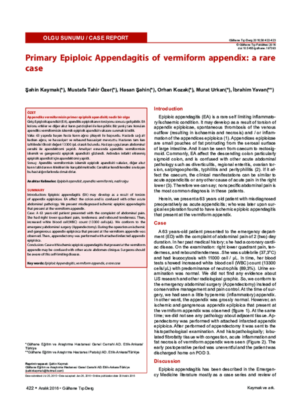 (PDF) Primary Epiploic Appendagitis of vermiform appendix: a rare case