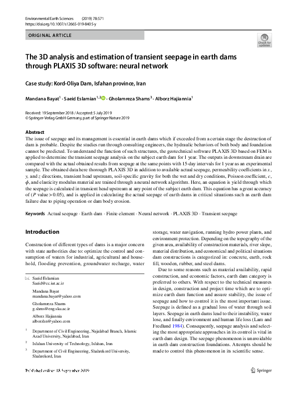 (PDF) The 3D analysis and estimation of transient seepage in earth dams through PLAXIS 3D ...