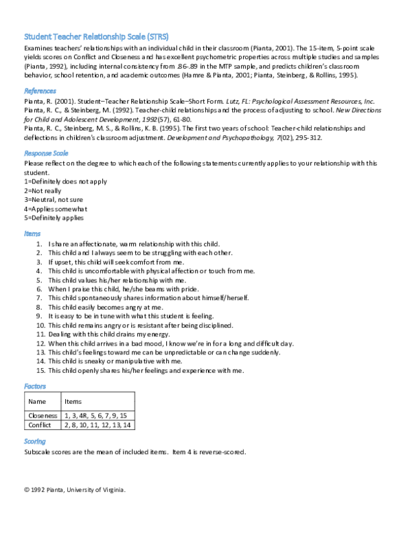 (PDF) Student Teacher Relationship Scale (STRS