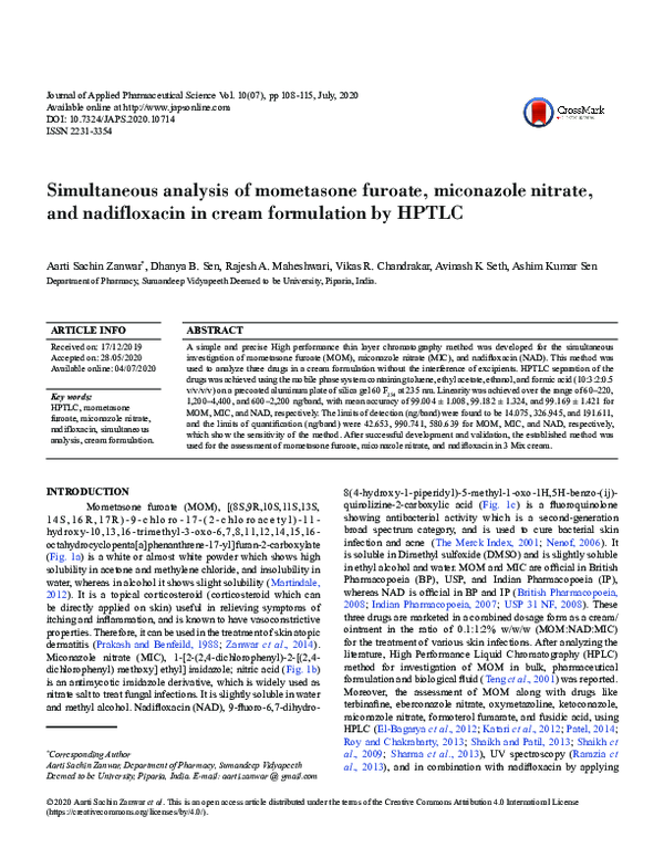 Pdf Simultaneous Analysis Of Mometasone Furoate Miconazole Nitrate And Nadifloxacin In Cream