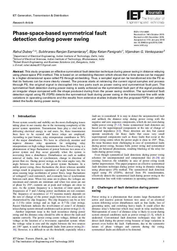 Pdf Phase‐space‐based Symmetrical Fault Detection During Power Swing
