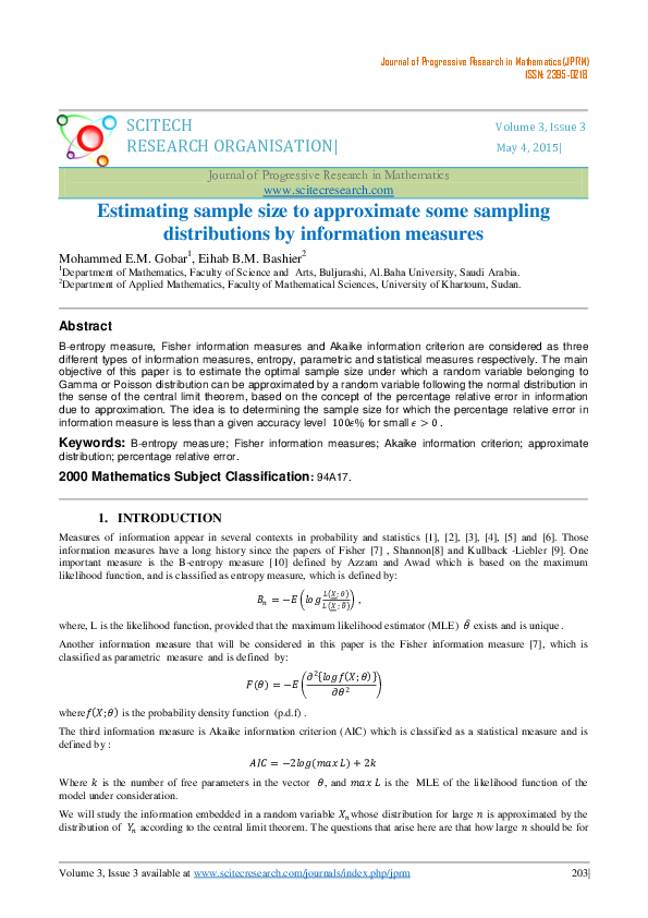 (PDF) Estimating sample size to approximate some sampling distributions by information measures