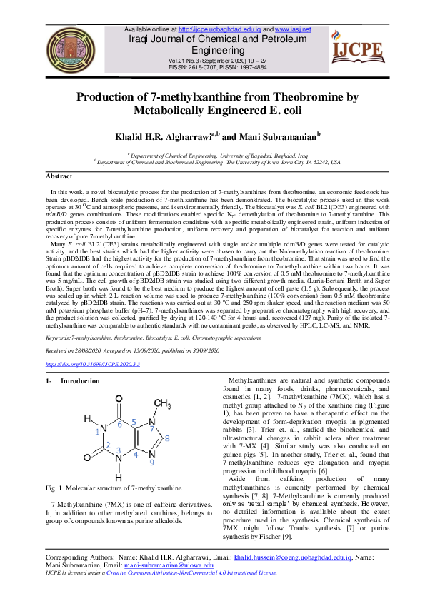 (PDF) Production of 7-methylxanthine from Theobromine by Metabolically ...