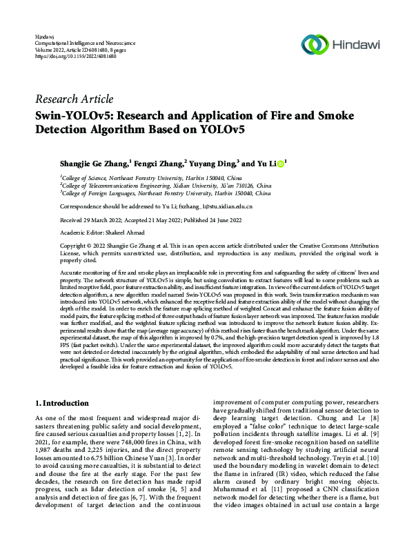 (PDF) Swin-YOLOv5: Research and Application of Fire and Smoke Detection Algorithm Based on YOLOv5