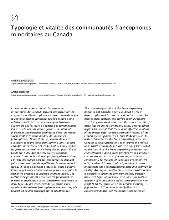(PDF) Typologie et vitalité des communautés francophones minoritaires ...