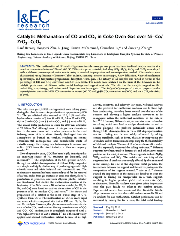 Catalytic Methanation of CO and CO2 in Coke Oven Gas over Ni–Co/ZrO2–CeO2