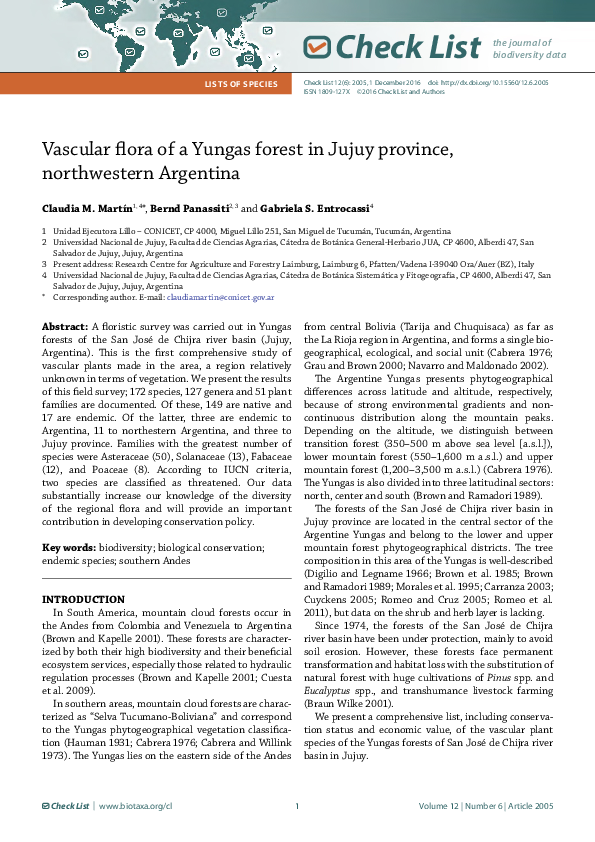(PDF) Vascular flora of a Yungas forest in Jujuy province, northwestern ...