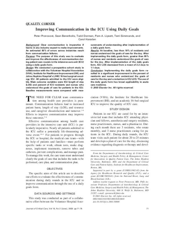 (PDF) Improving communication in the ICU using daily goals