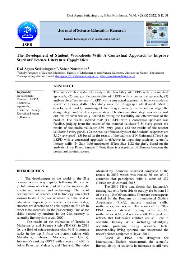 (PDF) The Development of Student Worksheets (LKPD) with Contextual Approach to Improve Students ...