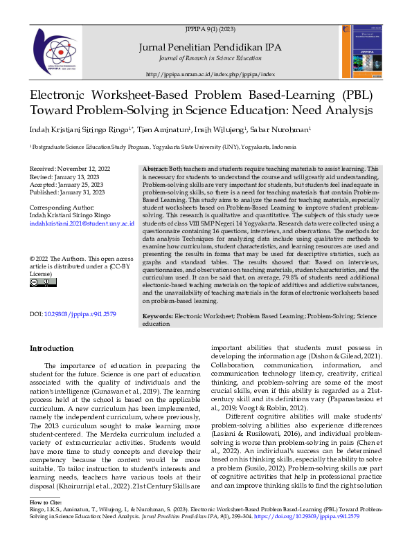(PDF) Electronic Worksheet-Based Problem Based-Learning (PBL) Toward Problem-Solving in Science ...