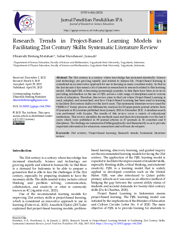 (PDF) Research Trends in Project-Based Learning Models in Facilitating 21st Century Skills ...