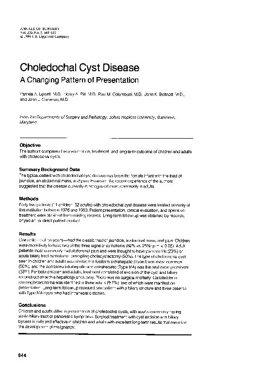 (PDF) Choledochal Cyst Disease A Changing Pattern of Presentation | Pamela Lipsett - Academia.edu