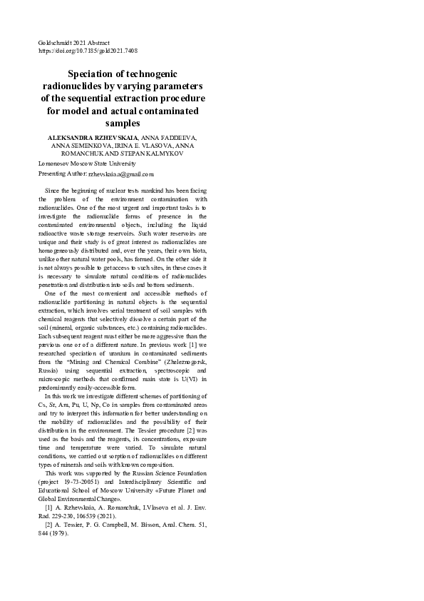 (PDF) Speciation of technogenic radionuclides by varying parameters of the sequential extraction ...