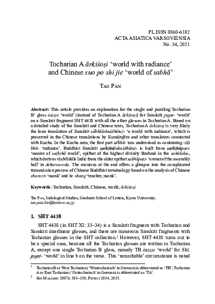 (PDF) Pan, T., 'Tocharian A ārkiśoṣi ‘world with radiance’ and Chinese ...
