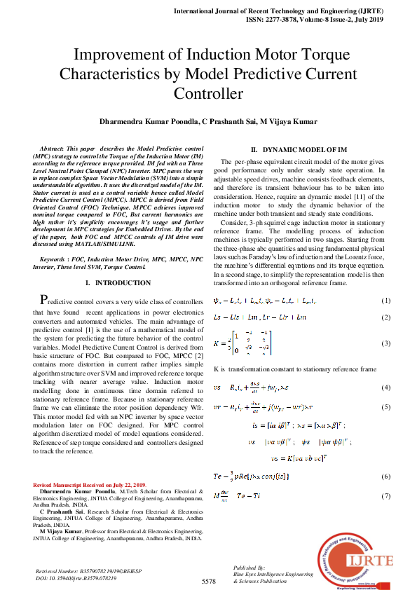 Pdf Improvement Of Induction Motor Torque Characteristics By Model Predictive Current Controller
