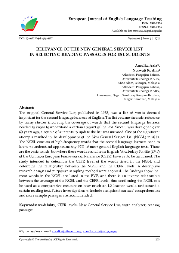 (PDF) Relevance of the New General Service List in Selecting Reading ...