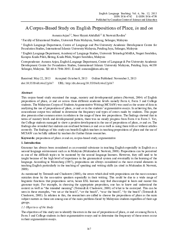 (PDF) A Corpus-Based Study on English Prepositions of Place, in and on