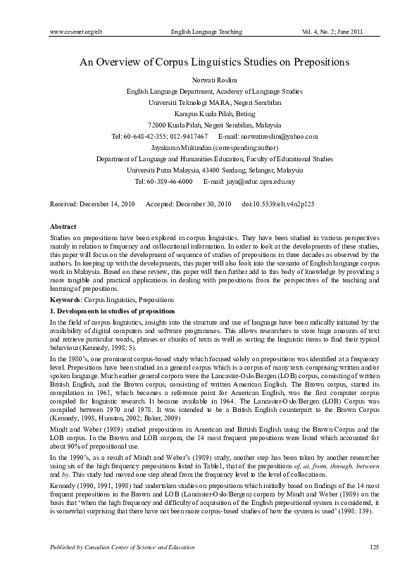 (PDF) An Overview of Corpus Linguistics Studies on Prepositions