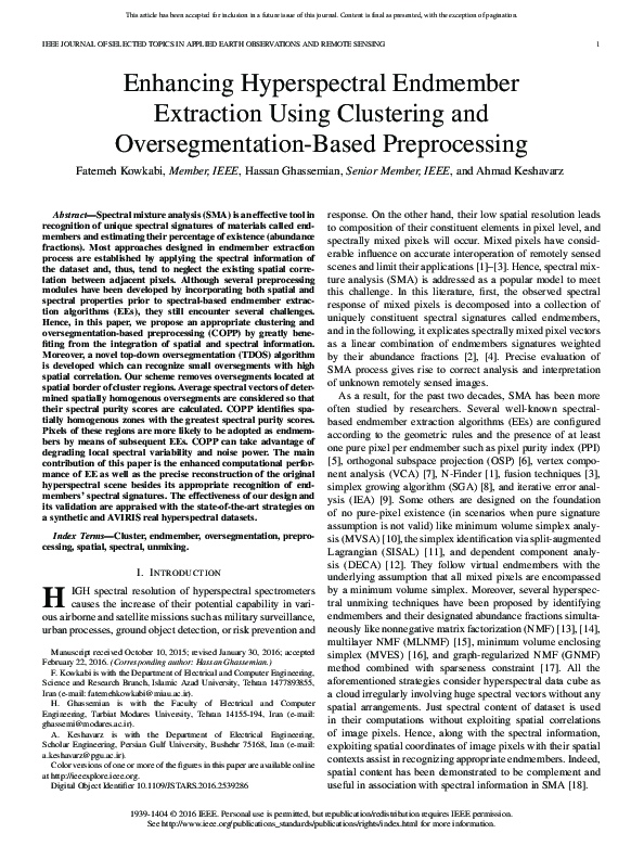 Pdf Enhancing Hyperspectral Endmember Extraction Using Clustering And Oversegmentation Based