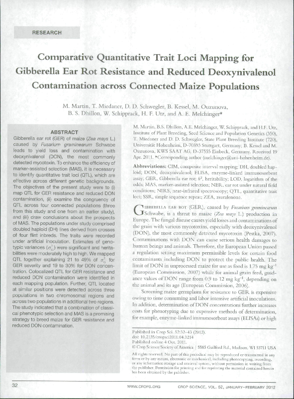 Pdf Comparative Quantitative Trait Loci Mapping For Gibberella Ear Rot Resistance And Reduced