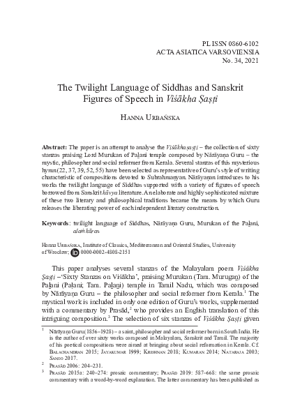 (PDF) Urbańska, H., 'The Twilight Language of Siddhas and Sanskrit ...