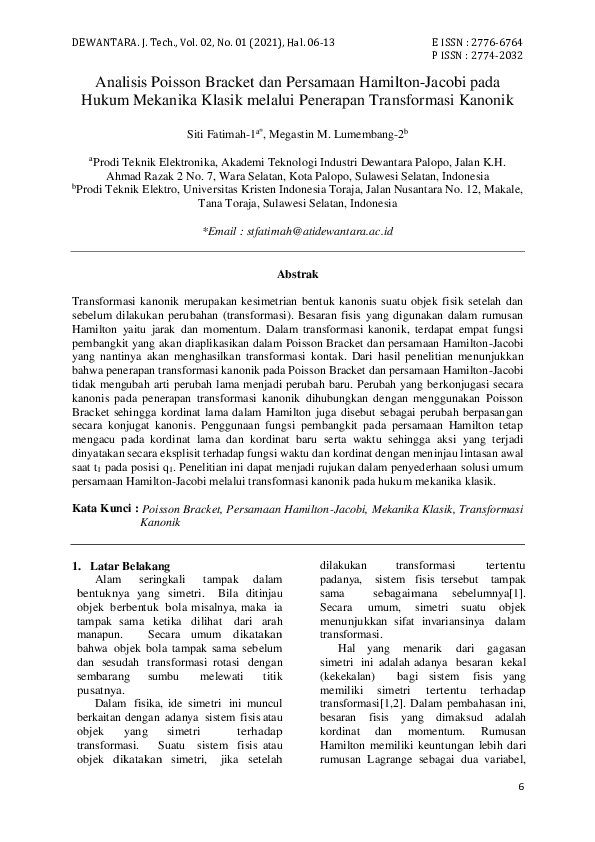 (PDF) Analisis Poisson Bracket dan Persamaan Hamilton-Jacobi pada Hukum ...