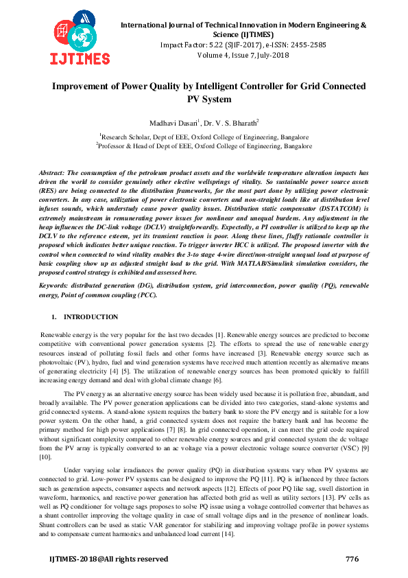(PDF) Improvement of Power Quality by Intelligent Controller for Grid Connected PV System