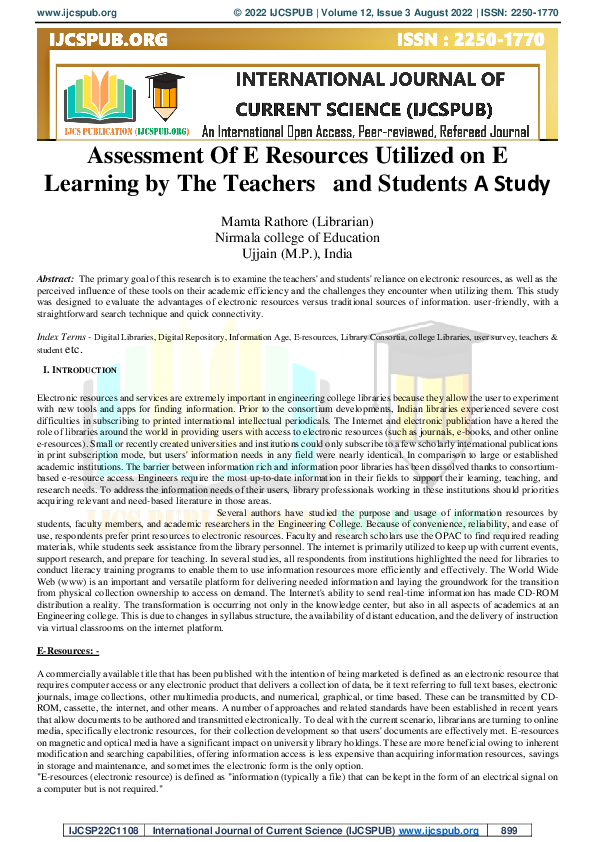 (PDF) Assessment Of E Resources Utilized on E Learning by The Teachers ...