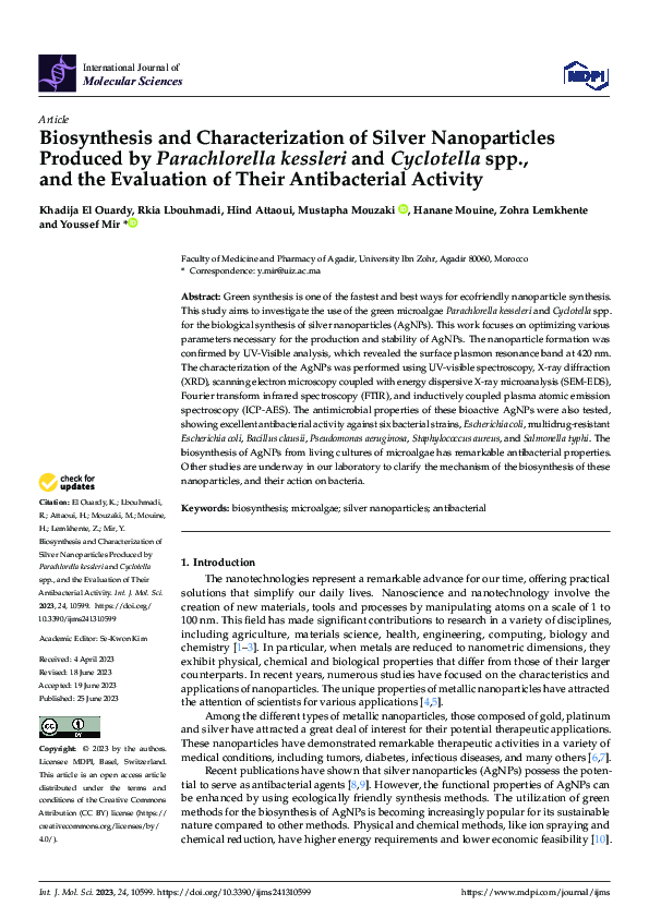 (PDF) Biosynthesis and Characterization of Silver Nanoparticles Produced by Parachlorella ...