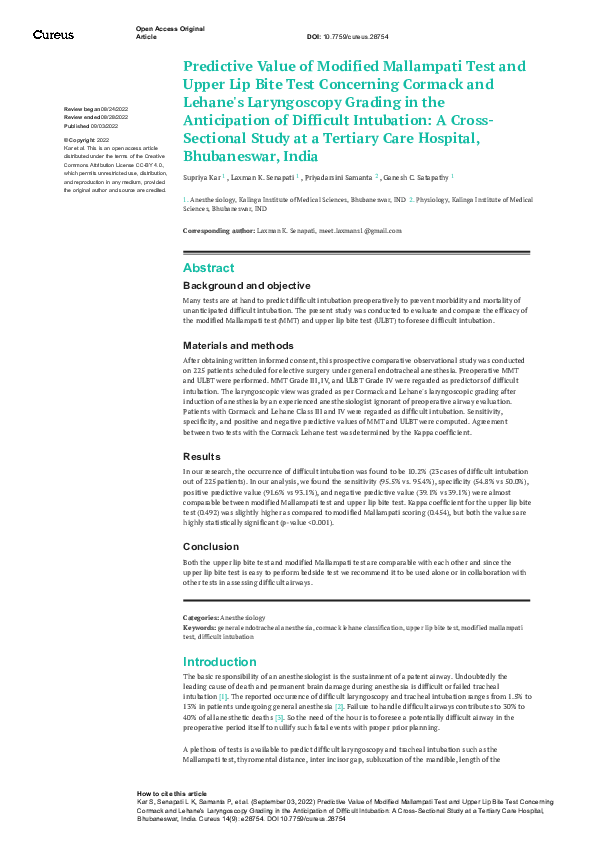 (PDF) Predictive Value of Modified Mallampati Test and Upper Lip Bite ...