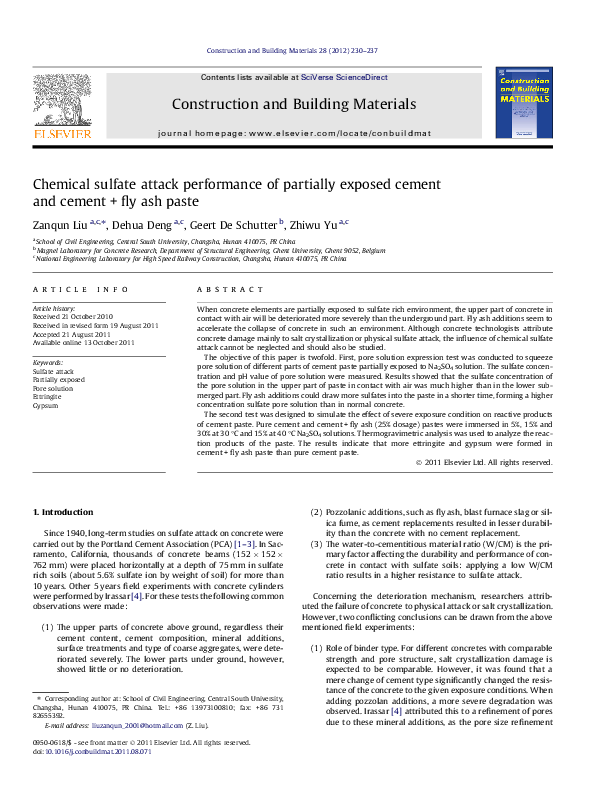 (PDF) Chemical sulfate attack performance of partially exposed cement and cement+fly ash paste