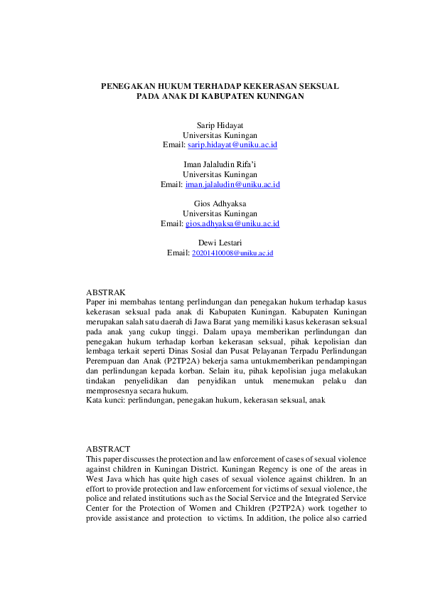 (PDF) PENEGAKAN HUKUM TERHADAP KEKERASAN SEKSUAL PADA ANAK DI KABUPATEN KUNINGAN