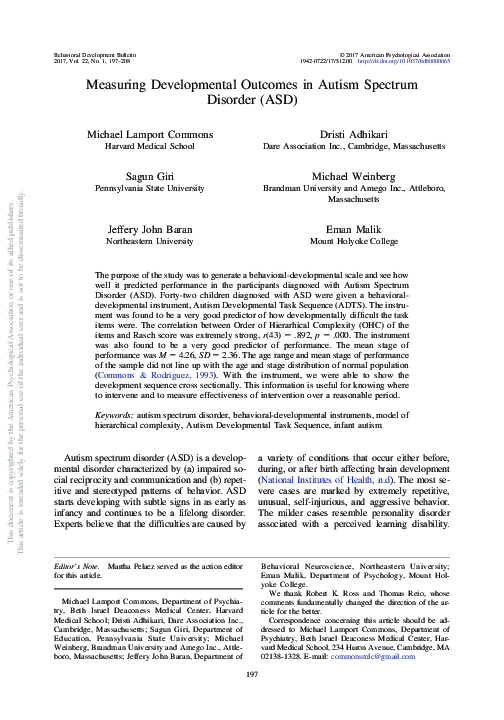 (PDF) Measuring developmental outcomes in autism spectrum disorder (ASD)