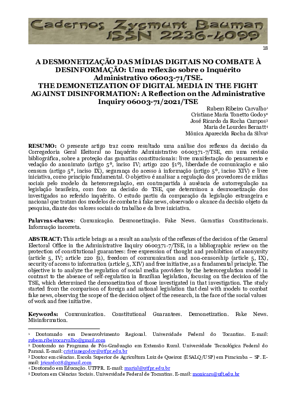 (PDF) A DESMONETIZAÇÃO DAS MÍDIAS DIGITAIS NO COMBATE Á DESINFORMAÇÃO ...