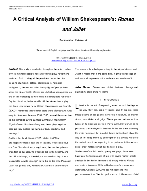 (PDF) A Critical Analysis of William Shakespeares: Romeo and Juliet