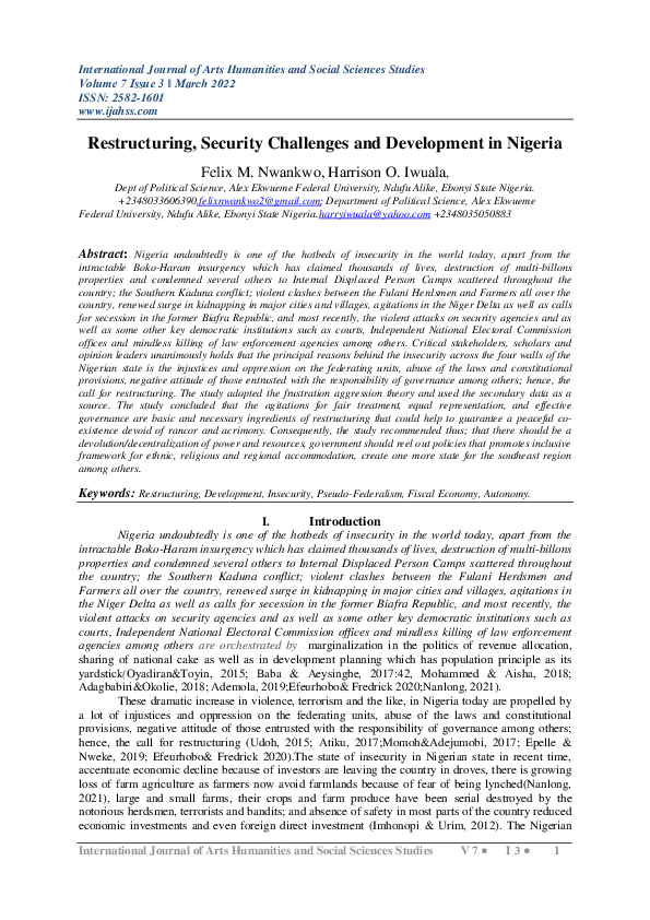 (PDF) Restructuring, Security Challenges and Development in Nigeria