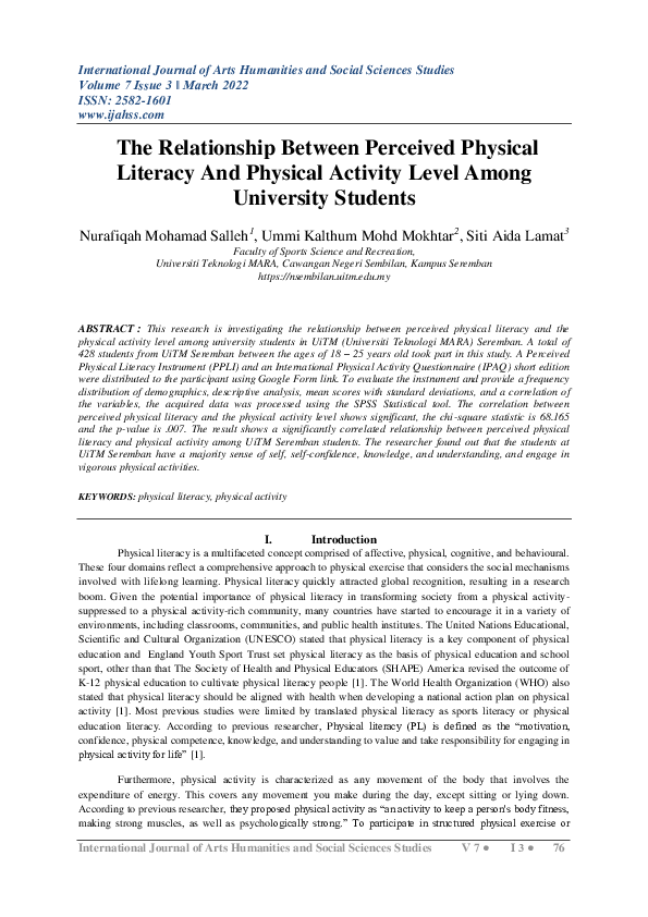 (PDF) The Relationship Between Perceived Physical Literacy And Physical Activity Level Among ...