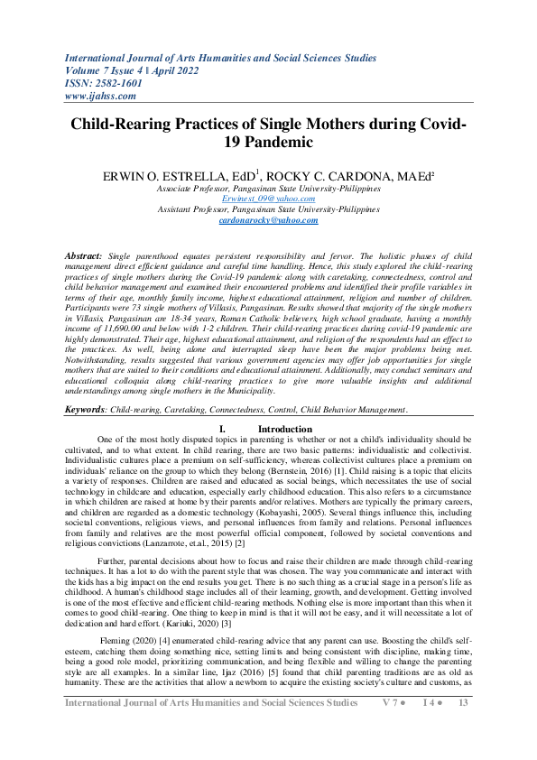 (PDF) Child-Rearing Practices of Single Mothers during Covid- 19 Pandemic